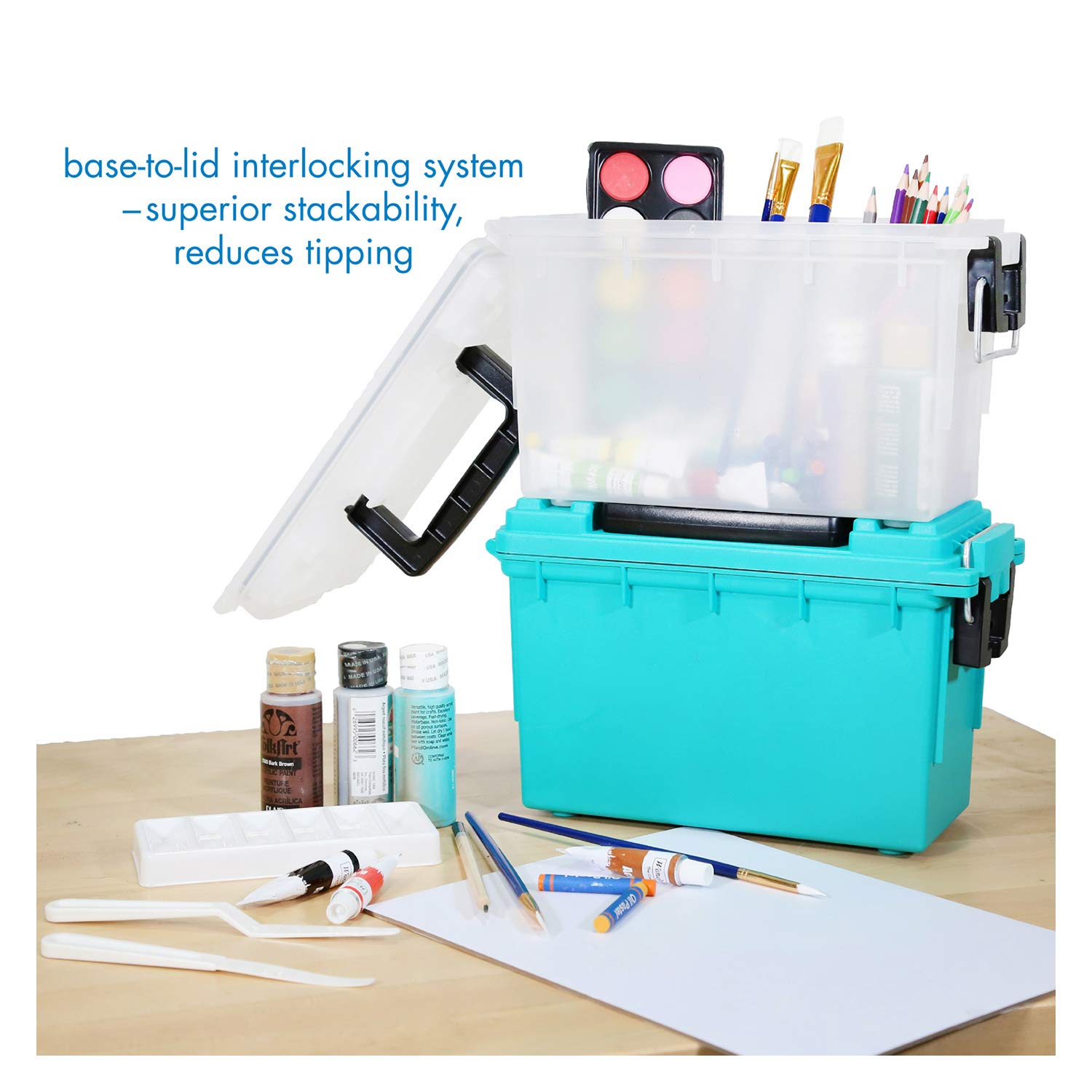 Logix 12535 Stackable Craft Storage Box with Handle, Locking Art Supply , Plastic Containers with Lids, Craft Organizer , Frost