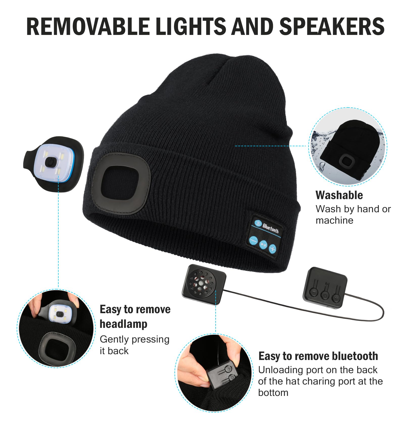 Bluetooth Beanie Hat with Light, Unique Tech Gifts for Men Husband Him Teen, Wireless Headphones for Fishing Jogging Working, Christmas Stocking Stuffers Black