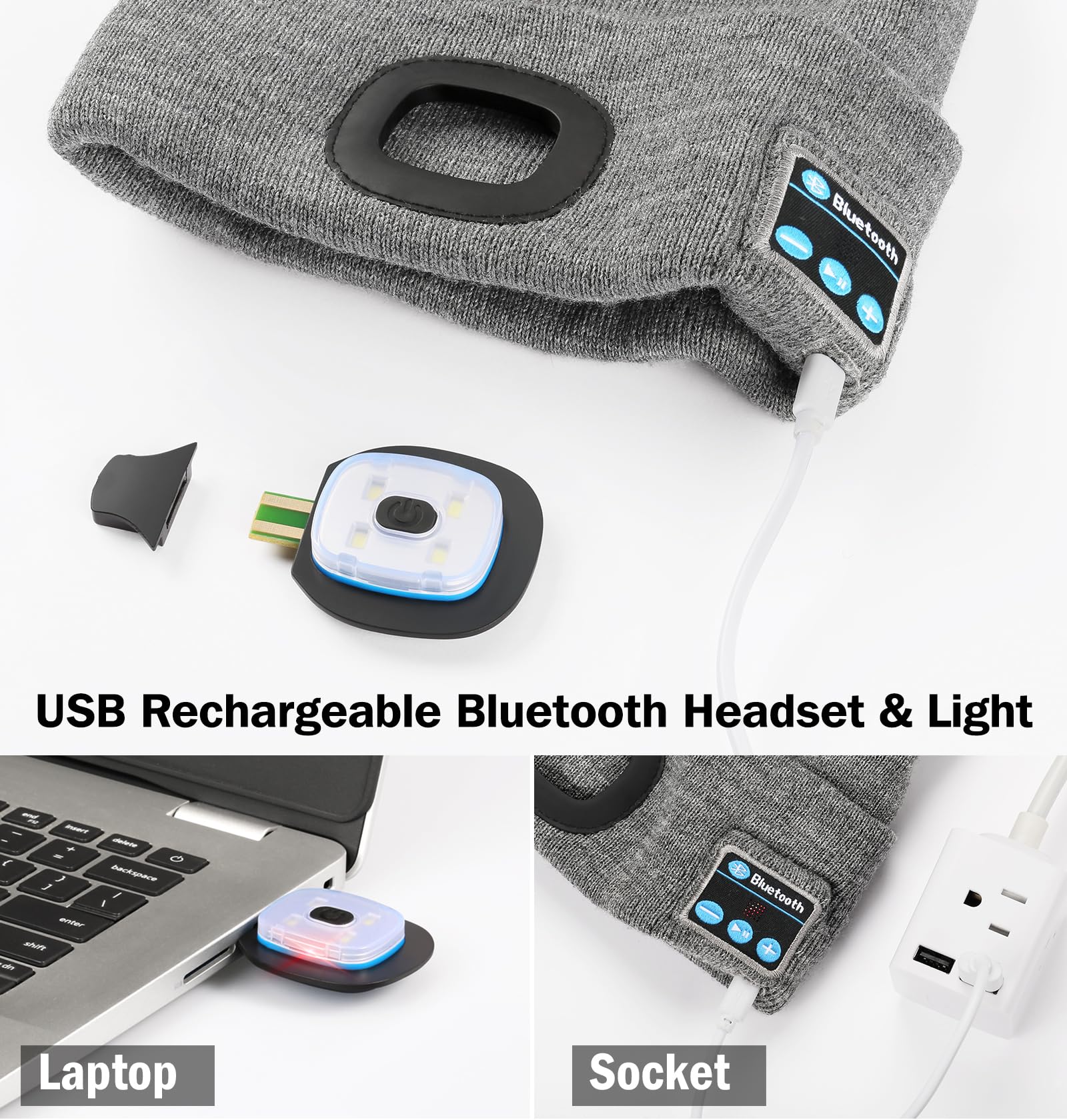 Bluetooth Beanie Hat with Light, Unique Tech Gifts for Men Husband Him Teen, Wireless Headphones for Fishing Jogging Working, Christmas Stocking Stuffers Black