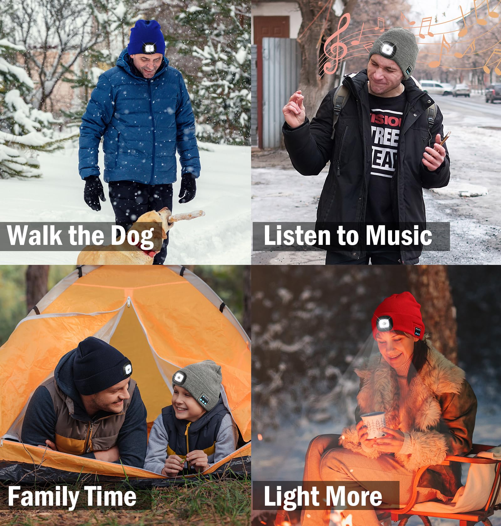 Bluetooth Beanie Hat with Light, Unique Tech Gifts for Men Husband Him Teen, Wireless Headphones for Fishing Jogging Working, Christmas Stocking Stuffers Black
