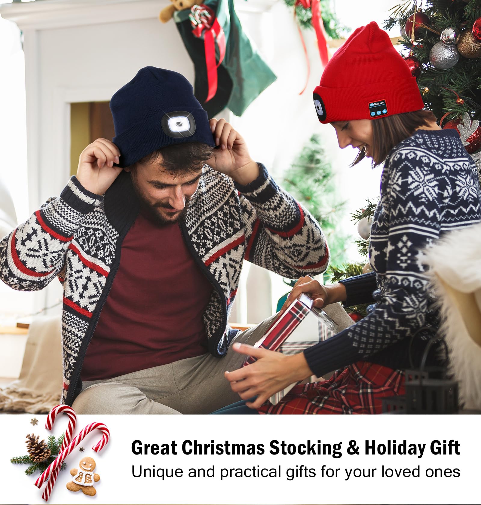 Bluetooth Beanie Hat with Light, Unique Tech Gifts for Men Husband Him Teen, Wireless Headphones for Fishing Jogging Working, Christmas Stocking Stuffers Black