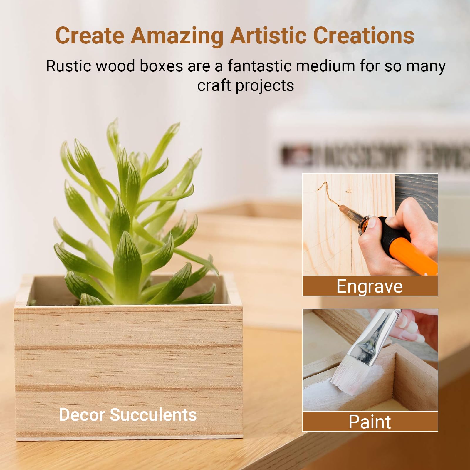 12 PCS 4'' x 4'' Rustic Wooden Box Storage Organizer Craft Box for Collectibles Home Venue Decor Succulents