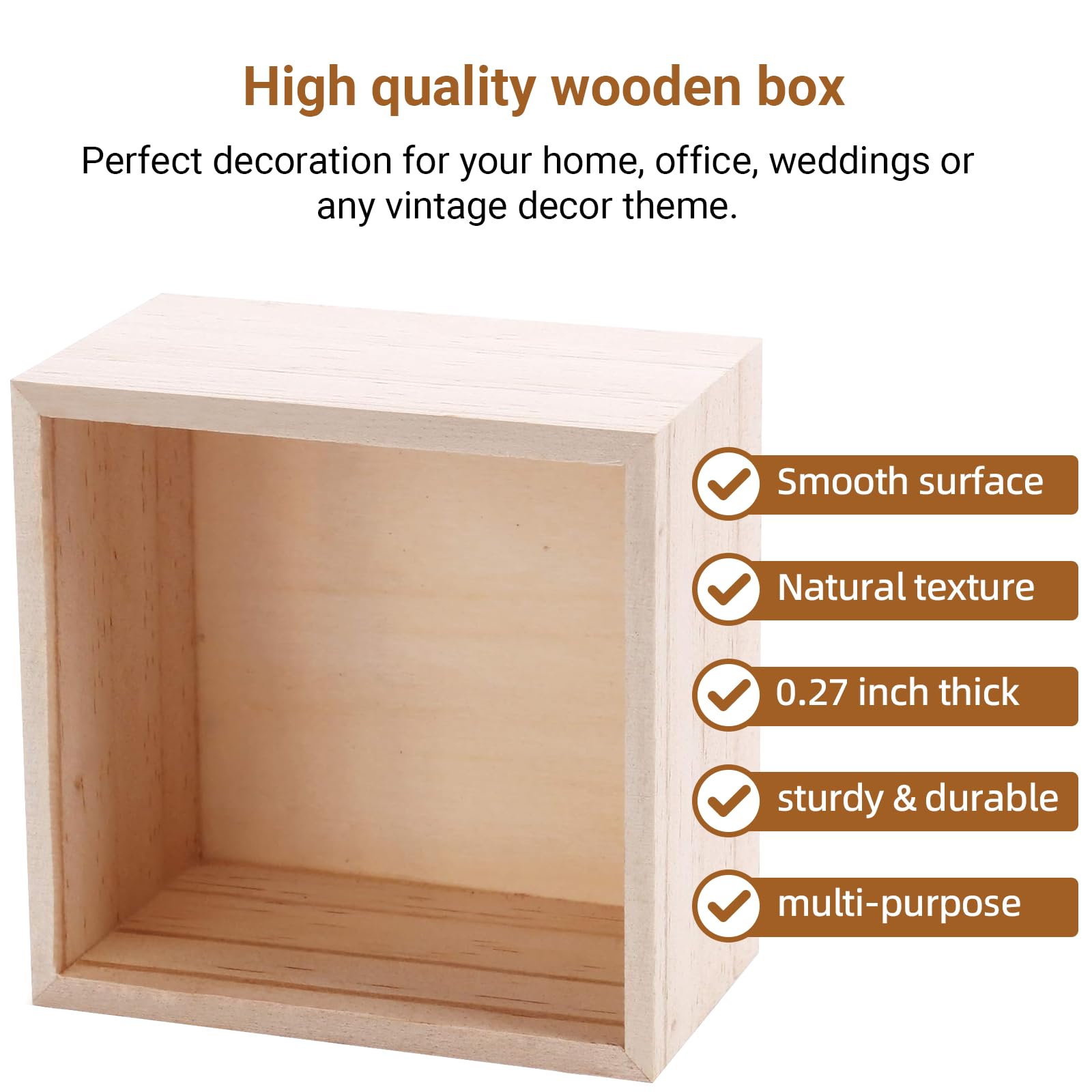 12 PCS 4'' x 4'' Rustic Wooden Box Storage Organizer Craft Box for Collectibles Home Venue Decor Succulents
