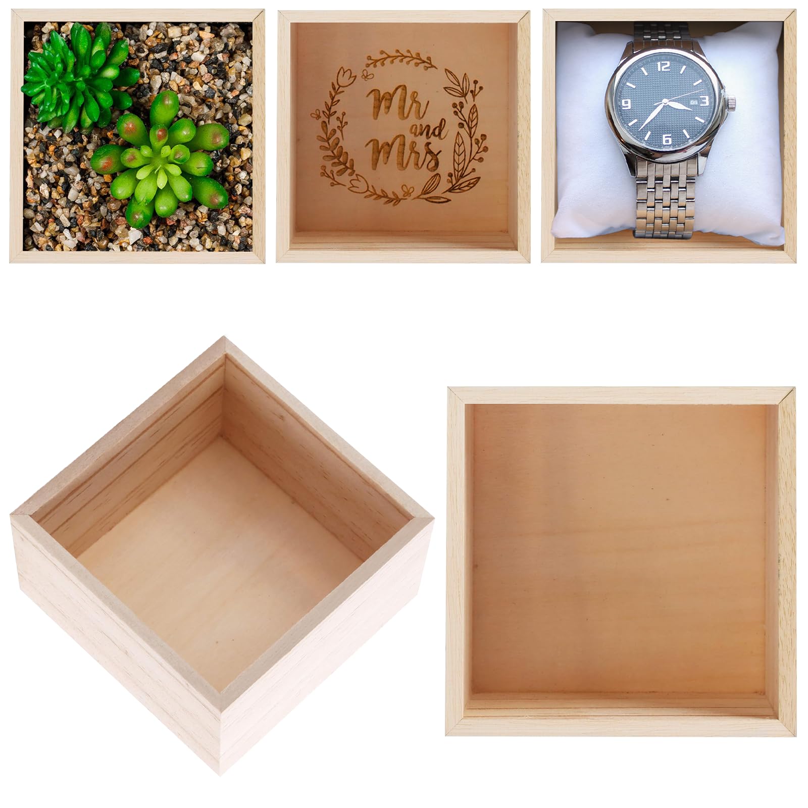 12 PCS 4'' x 4'' Rustic Wooden Box Storage Organizer Craft Box for Collectibles Home Venue Decor Succulents