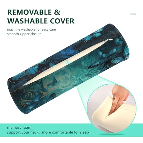 xigua Cute Butterfly Neck Roll Pillow for Neck Relief with Removable Washable Cover - Memory Foam Round Cylinder Bolster, Ergonomically Designed for Head, Neck, Back, and Legs