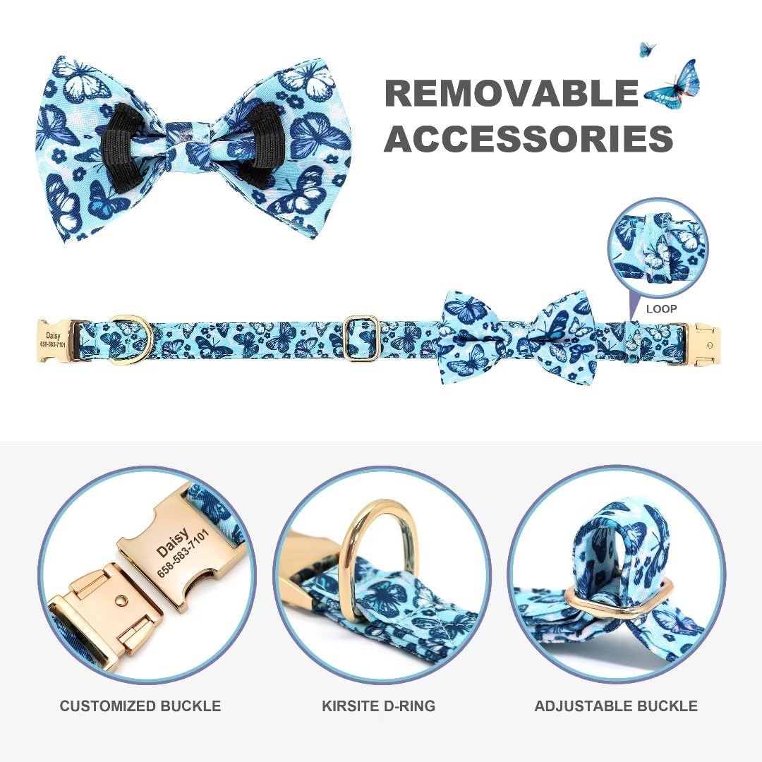 KINYABLUE Floral Pattern Cute Dog Collar for Large Dogs, Personalized Custom Dog Collars with Name, Soft Cotton Fall Dog Collar Girl with Detachable Bowtie & Flower, L (14-24")