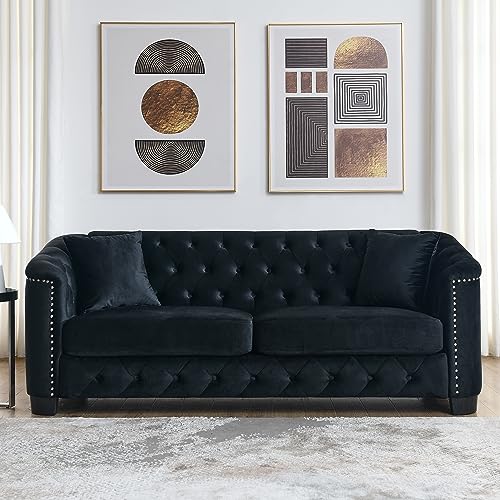 EMKK 77" Chesterfield Velvet Sofa, 3-Seater Upholstered Couches Tufted Backrests with Nailhead Arms and 2 Cushions for Living Room, Bedroom, Apartment, Office, G-Black