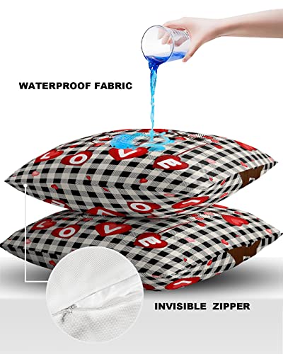 OComster Outdoor Pillow Covers Waterproof, Valentine's Day Throw Pillowcase Decorative Cover, Red Love Tree Bird Black White Plaid Garden Cushion Case Set of 2 for Sofa, Couch, Tent, Patio 16"x16"