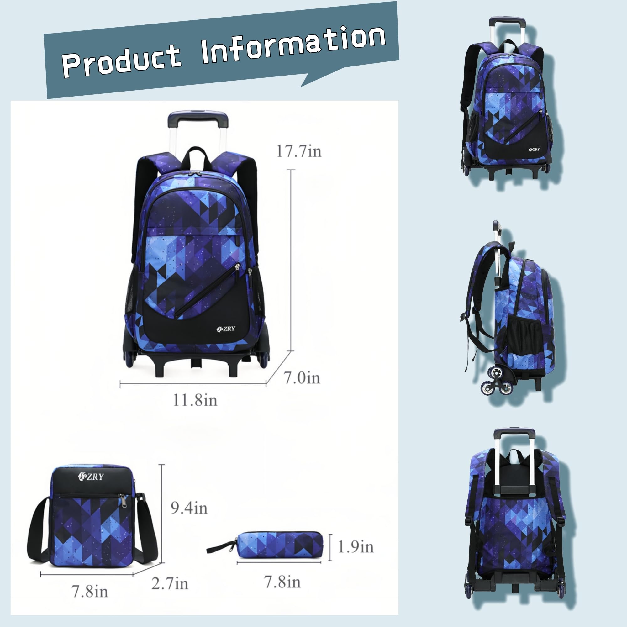 Bansusu 3Pcs Black Galaxy Primary Middle School Bag Rolling Backpack Set for Elementary Boys Wheeled Bookbag with Six Wheels