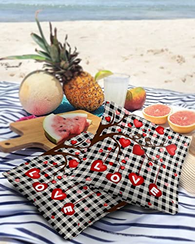 OComster Outdoor Pillow Covers Waterproof, Valentine's Day Throw Pillowcase Decorative Cover, Red Love Tree Bird Black White Plaid Garden Cushion Case Set of 2 for Sofa, Couch, Tent, Patio 16"x16"