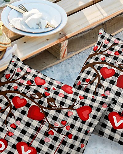OComster Outdoor Pillow Covers Waterproof, Valentine's Day Throw Pillowcase Decorative Cover, Red Love Tree Bird Black White Plaid Garden Cushion Case Set of 2 for Sofa, Couch, Tent, Patio 16"x16"