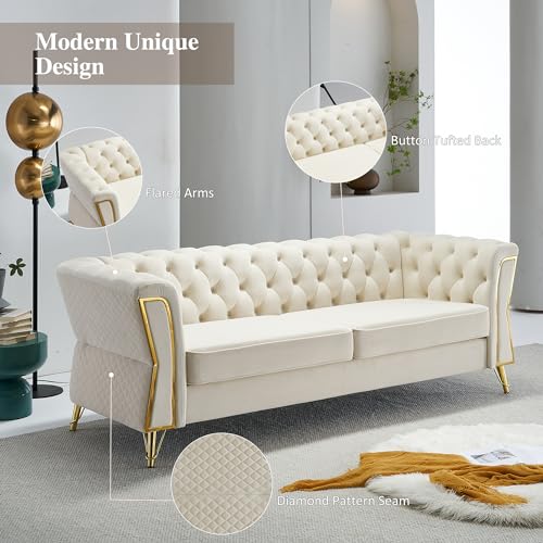 Tmsan 87.4" Velvet Sofa Couch, Mid-Century Modern Chesterfield Loveseat Classic Button Tufted 2 Seater Couch with Golden Legs for Living Room Office Bedroom (Beige)