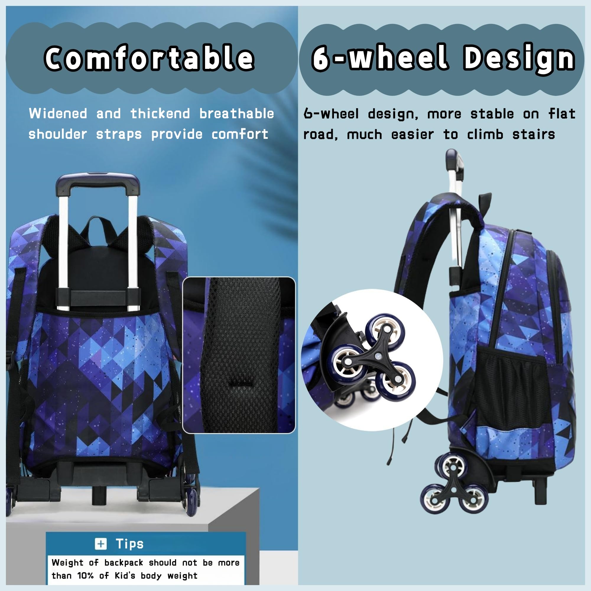 Bansusu 3Pcs Black Galaxy Primary Middle School Bag Rolling Backpack Set for Elementary Boys Wheeled Bookbag with Six Wheels