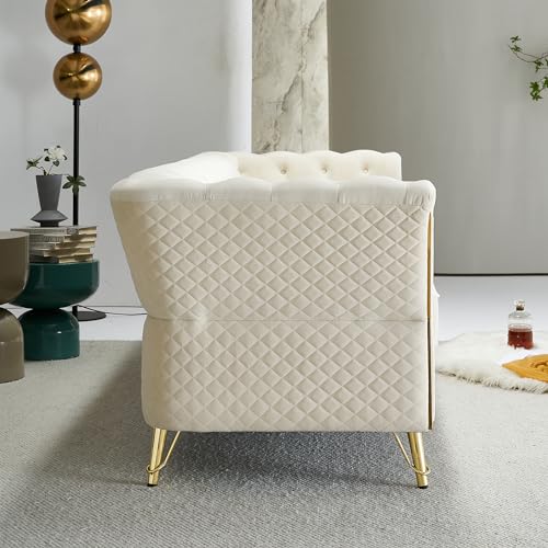 Tmsan 87.4" Velvet Sofa Couch, Mid-Century Modern Chesterfield Loveseat Classic Button Tufted 2 Seater Couch with Golden Legs for Living Room Office Bedroom (Beige)