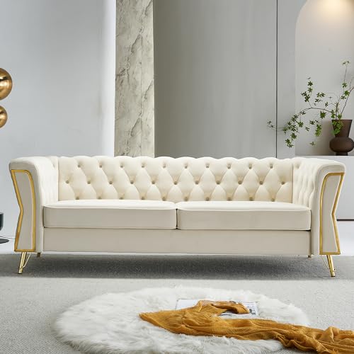 Tmsan 87.4" Velvet Sofa Couch, Mid-Century Modern Chesterfield Loveseat Classic Button Tufted 2 Seater Couch with Golden Legs for Living Room Office Bedroom (Beige)