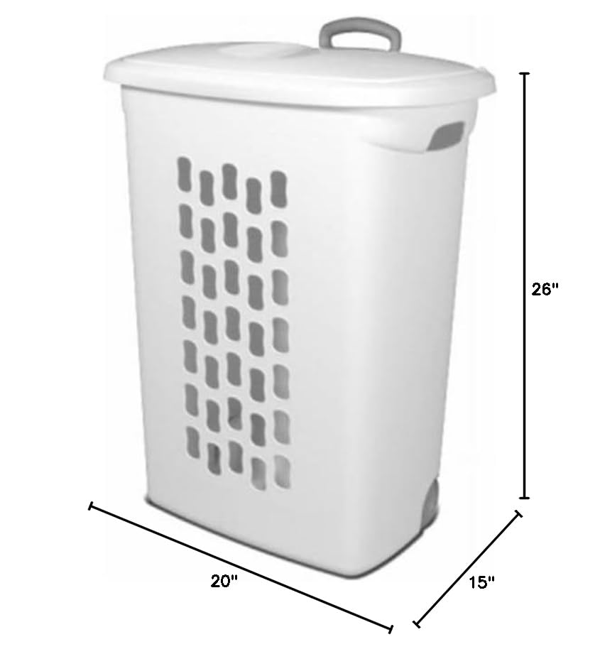 Wheeled Plastic Laundry Hamper Rolling Storage Basket with Lid, White