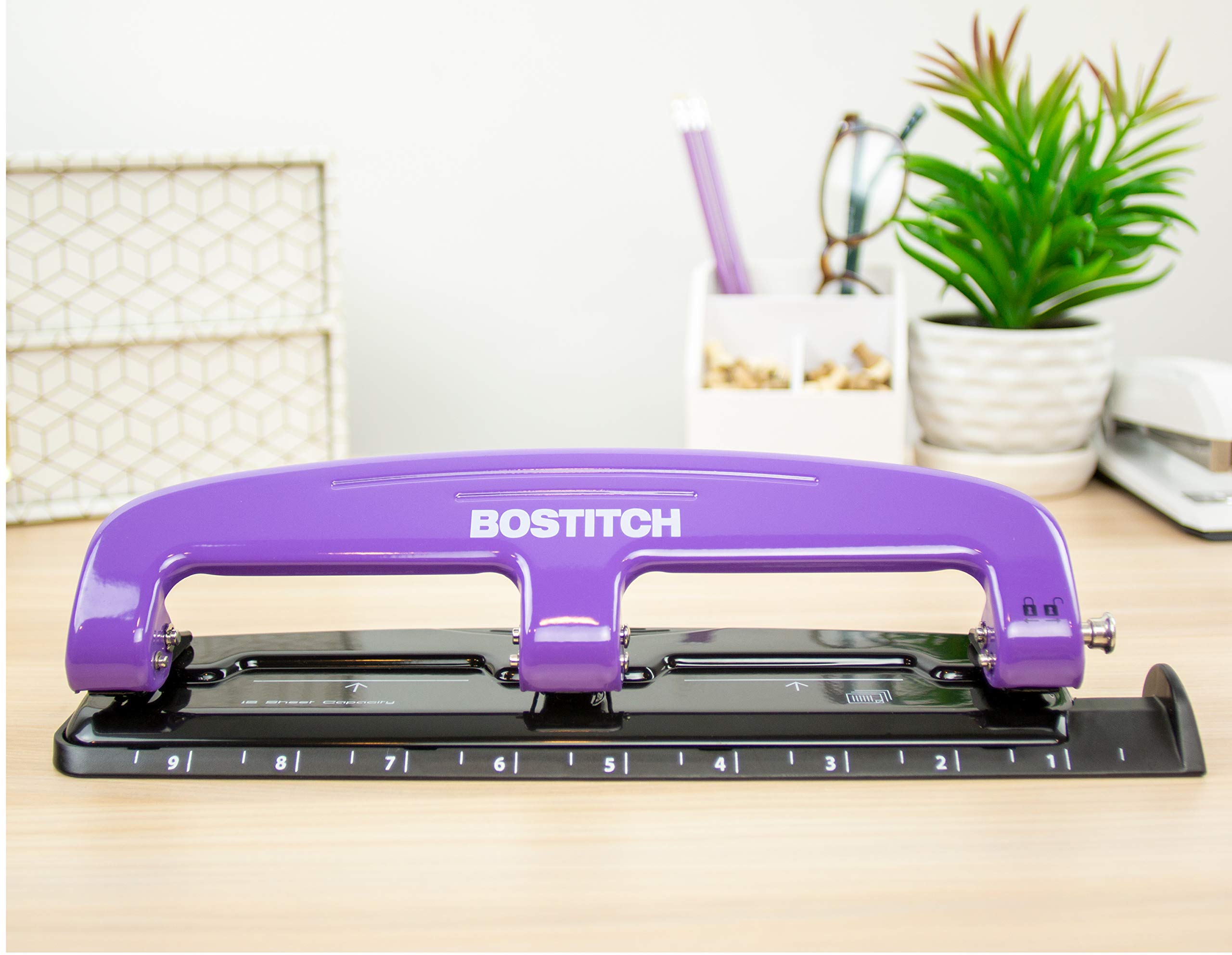 Bostitch Office EZ Squeeze Reduced Effort 3-Hole Punch, 12 Sheets, Purple (2105), 1.6" x 3" x 11"