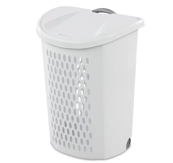 Wheeled Plastic Laundry Hamper Rolling Storage Basket with Lid, White