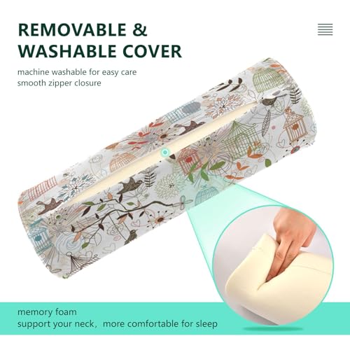 xigua Leaf Bird Neck Roll Pillow for Neck Relief with Removable Washable Cover - Memory Foam Round Cylinder Bolster, Ergonomically Designed for Head, Neck, Back, and Legs
