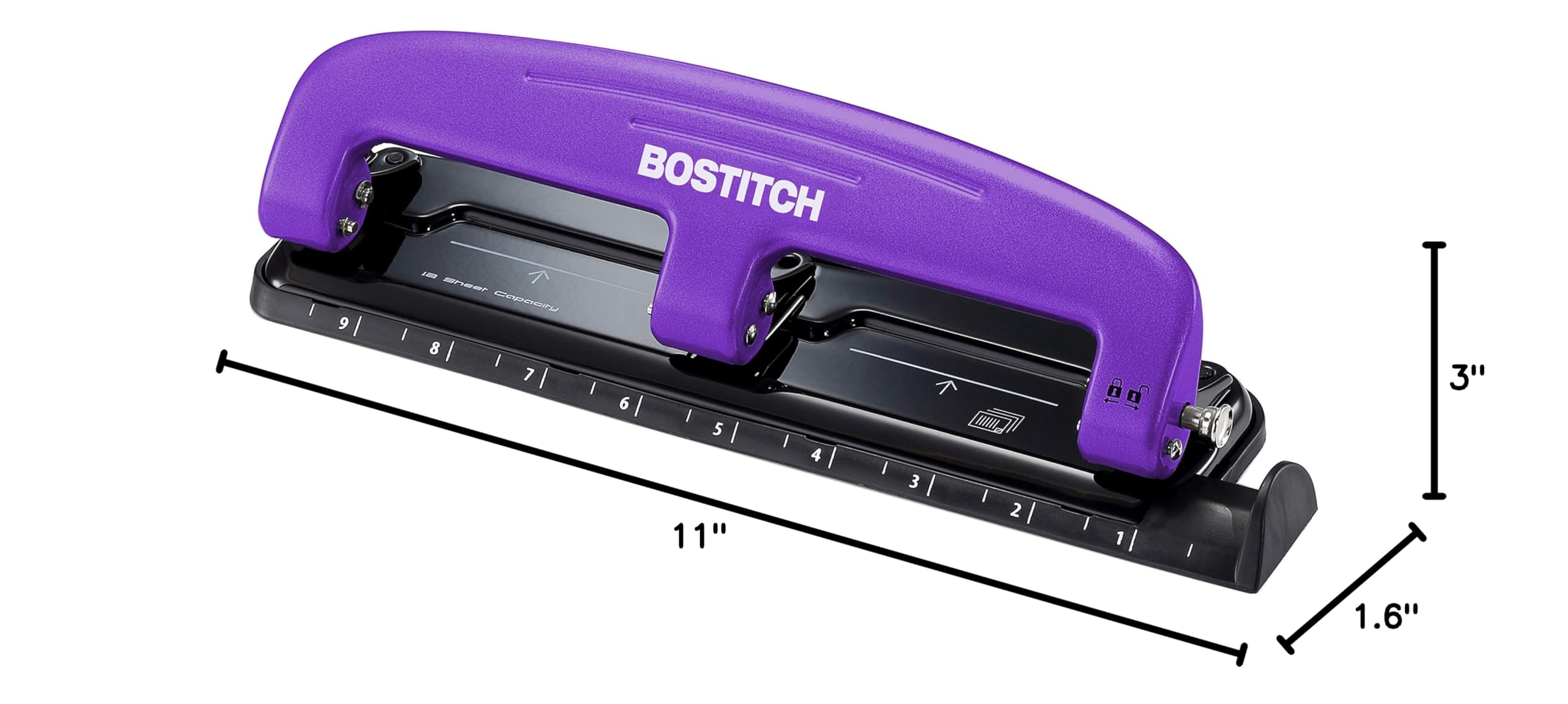 Bostitch Office EZ Squeeze Reduced Effort 3-Hole Punch, 12 Sheets, Purple (2105), 1.6" x 3" x 11"