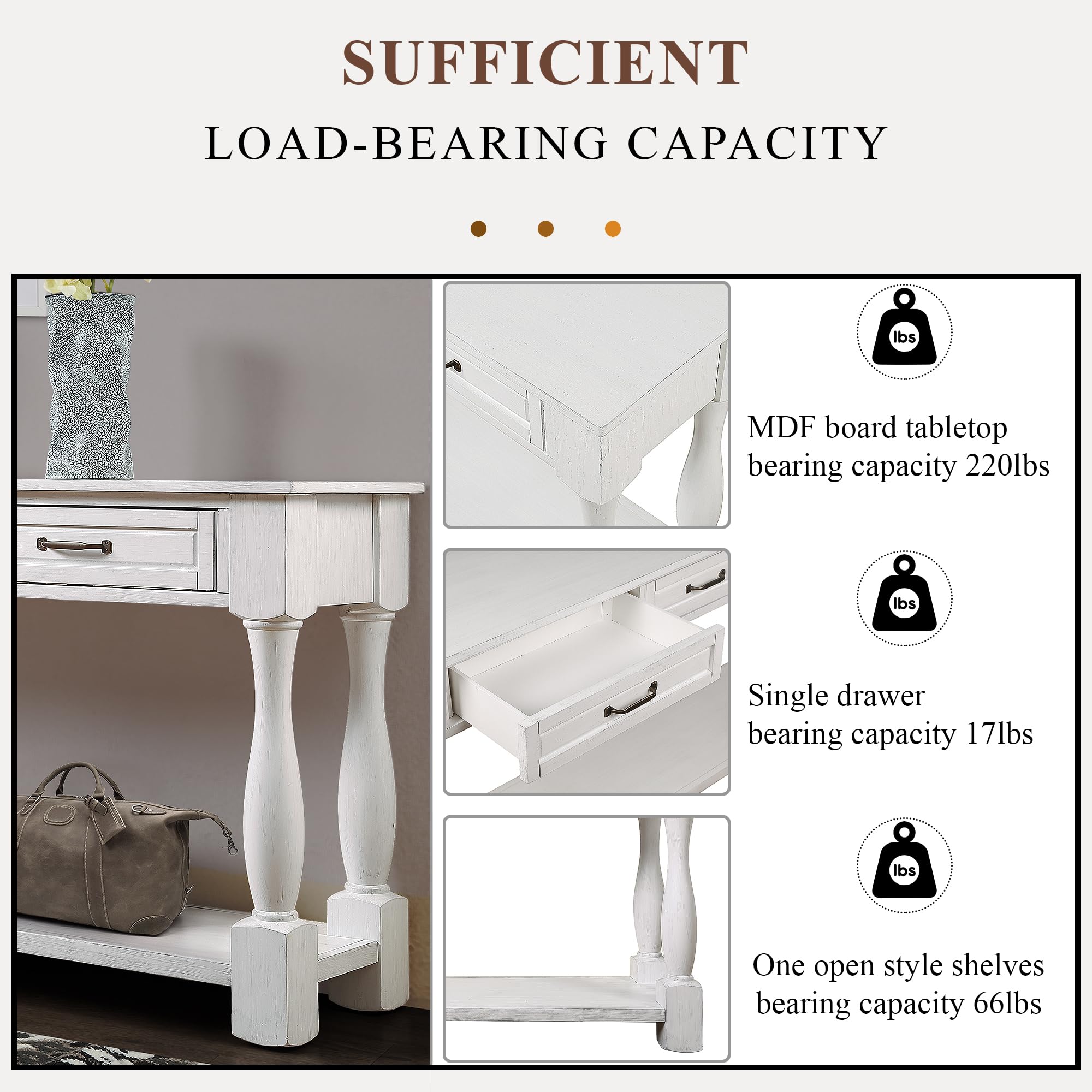 Lecafur HL 63 inch Long Console Table,Wood Entry Table with Storage Extra-Thick Sofa Table with 3 Storage Drawers and 1 Shelves for Entryway Hallway Living Room (Antique White)