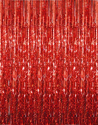 GOER 6.4 ft x 9.8 ft Metallic Tinsel Foil Fringe Curtains,Pack of 2 Party Streamer Backdrop for Birthday,Graduation Decorations and New Year Eve (Red)