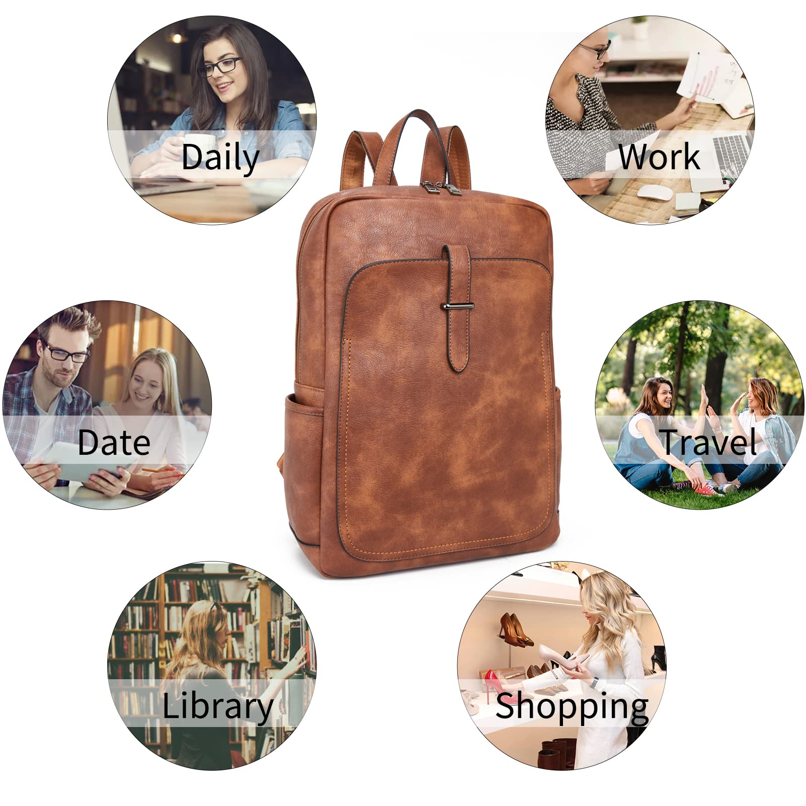 BROMEN Leather Laptop Backpack for Women 15.6 inch Computer Backpack College Travel Daypack Bag Navy