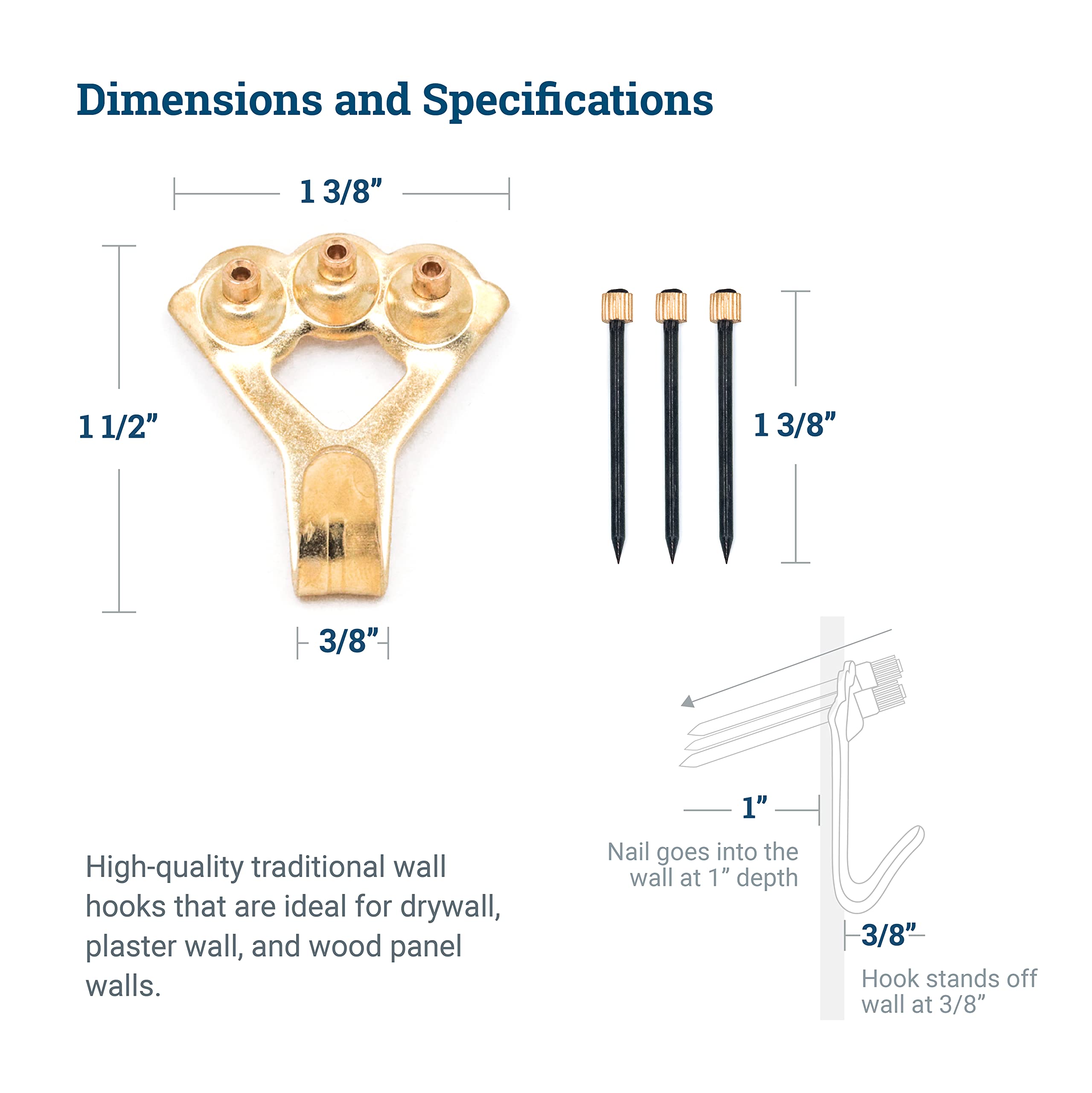 Heavy Duty Picture Frame Hooks Supports Up to 100 lbs - 10 Pack with Nails | Picture Hanging Hooks for Drywall - Mirror Hanging Hardware - Plaster Wall Picture Hangers