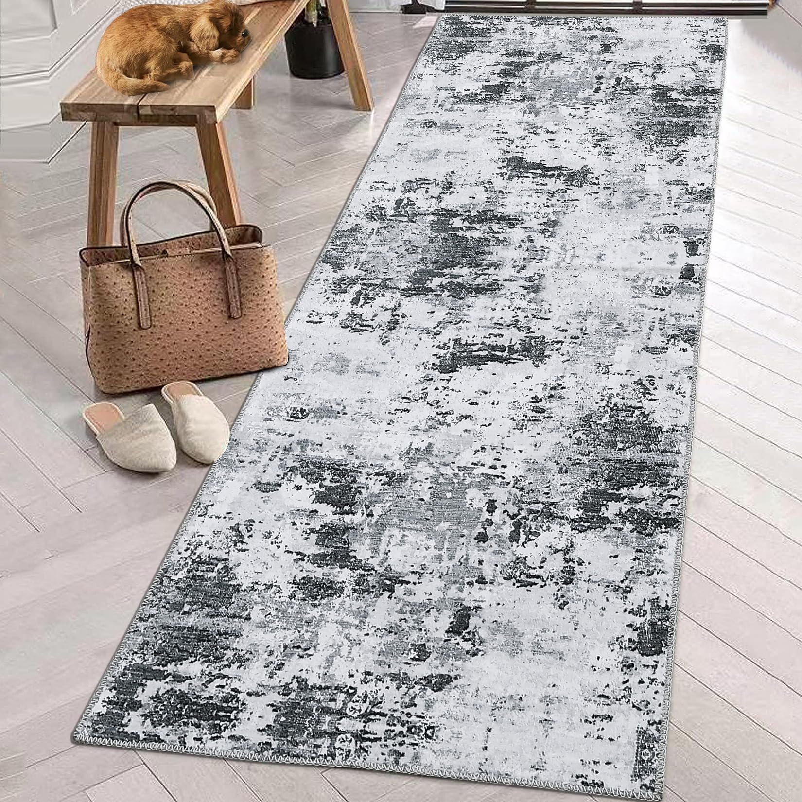 JOLENE.K Washable Runner Rug 2x10 Modern Abatract Rug Runner Hallway Runner Rug Non Slip Ktichen Runner Rug 2x6 Washable Runner Rug for Bathroom Bedroom Boho Runner Rug,2x10 Grey