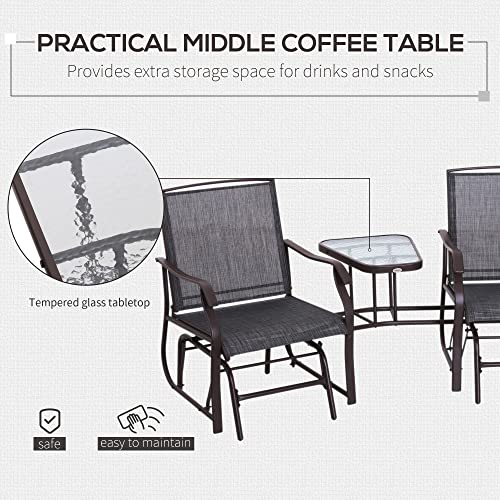 Outsunny Outdoor Glider Chairs with Coffee Table, Patio 2-Seat Rocking Chair Swing Loveseat with Breathable Sling for Backyard, Garden and Porch, Grey