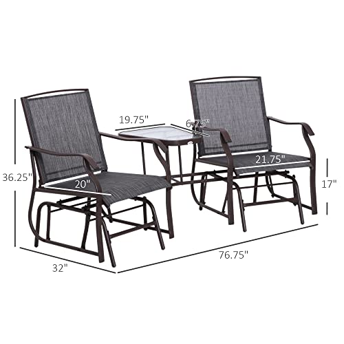 Outsunny Outdoor Glider Chairs with Coffee Table, Patio 2-Seat Rocking Chair Swing Loveseat with Breathable Sling for Backyard, Garden and Porch, Grey