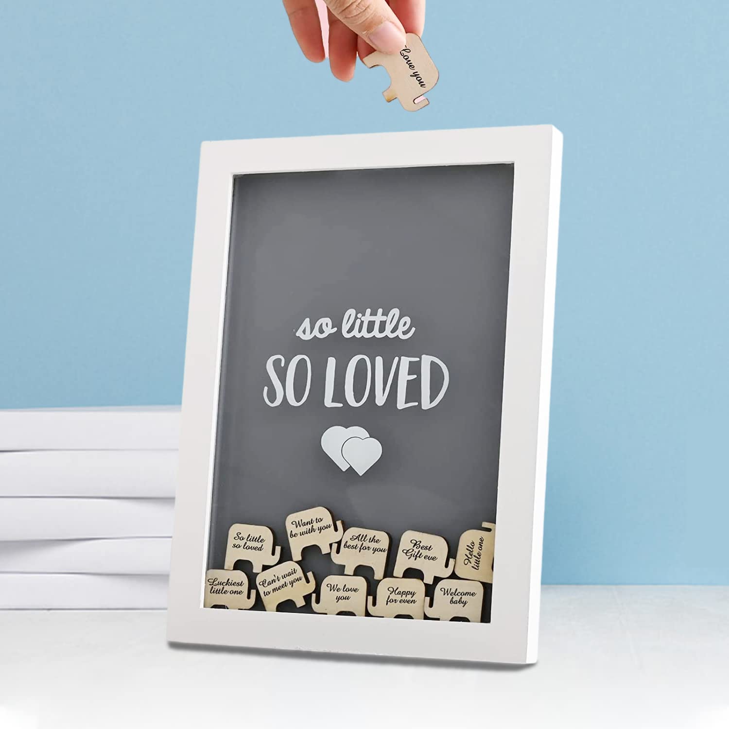 WOMRICH Boy Baby Shower Decorations Elephant Theme Set, Baby Shower Guestbook Elephant Sign Frame, It is a Boy Banners Elephant Garland Paper Lantern Paper Flower Pom Poms (Blue)
