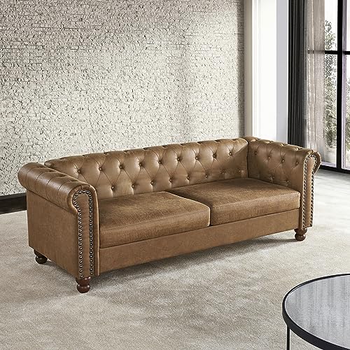Lunanniu 80.31" Chesterfield Tufted Fabric Sofa 3 Seat Capacity High Tech Fabric Rolled Arm Nailhead Trim Thick Cushion Deep Seat Button Tufted Back Classic for Living Room Apartment Brown
