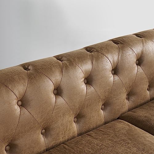 Lunanniu 80.31" Chesterfield Tufted Fabric Sofa 3 Seat Capacity High Tech Fabric Rolled Arm Nailhead Trim Thick Cushion Deep Seat Button Tufted Back Classic for Living Room Apartment Brown