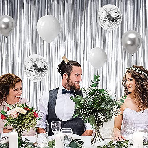 BEISHIDA 2 Pack Silver Foil Fringe Curtain, Silver Tinsel Metallic Curtains Photo Backdrop Streamer Curtain for Party Door Wall Curtain Wedding Birthday Bachelorette New Year Decor(3.28 ft x 6.56 ft)