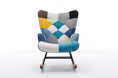 BIAYE Patchwork Solid Wood Armrest and Feet, Mid-Century Modern Accent, Fabric Sofa Chair for Living Room Bedroom Studio, Comfy Side Armchair for Bed,Antique Blue