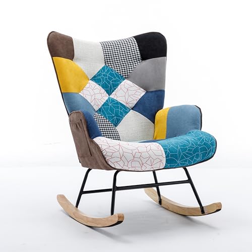 BIAYE Patchwork Solid Wood Armrest and Feet, Mid-Century Modern Accent, Fabric Sofa Chair for Living Room Bedroom Studio, Comfy Side Armchair for Bed,Antique Blue