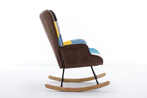 BIAYE Patchwork Solid Wood Armrest and Feet, Mid-Century Modern Accent, Fabric Sofa Chair for Living Room Bedroom Studio, Comfy Side Armchair for Bed,Antique Blue