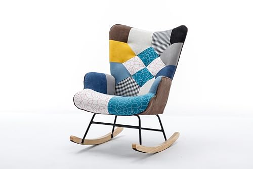 BIAYE Patchwork Solid Wood Armrest and Feet, Mid-Century Modern Accent, Fabric Sofa Chair for Living Room Bedroom Studio, Comfy Side Armchair for Bed,Antique Blue