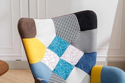 BIAYE Patchwork Solid Wood Armrest and Feet, Mid-Century Modern Accent, Fabric Sofa Chair for Living Room Bedroom Studio, Comfy Side Armchair for Bed,Antique Blue