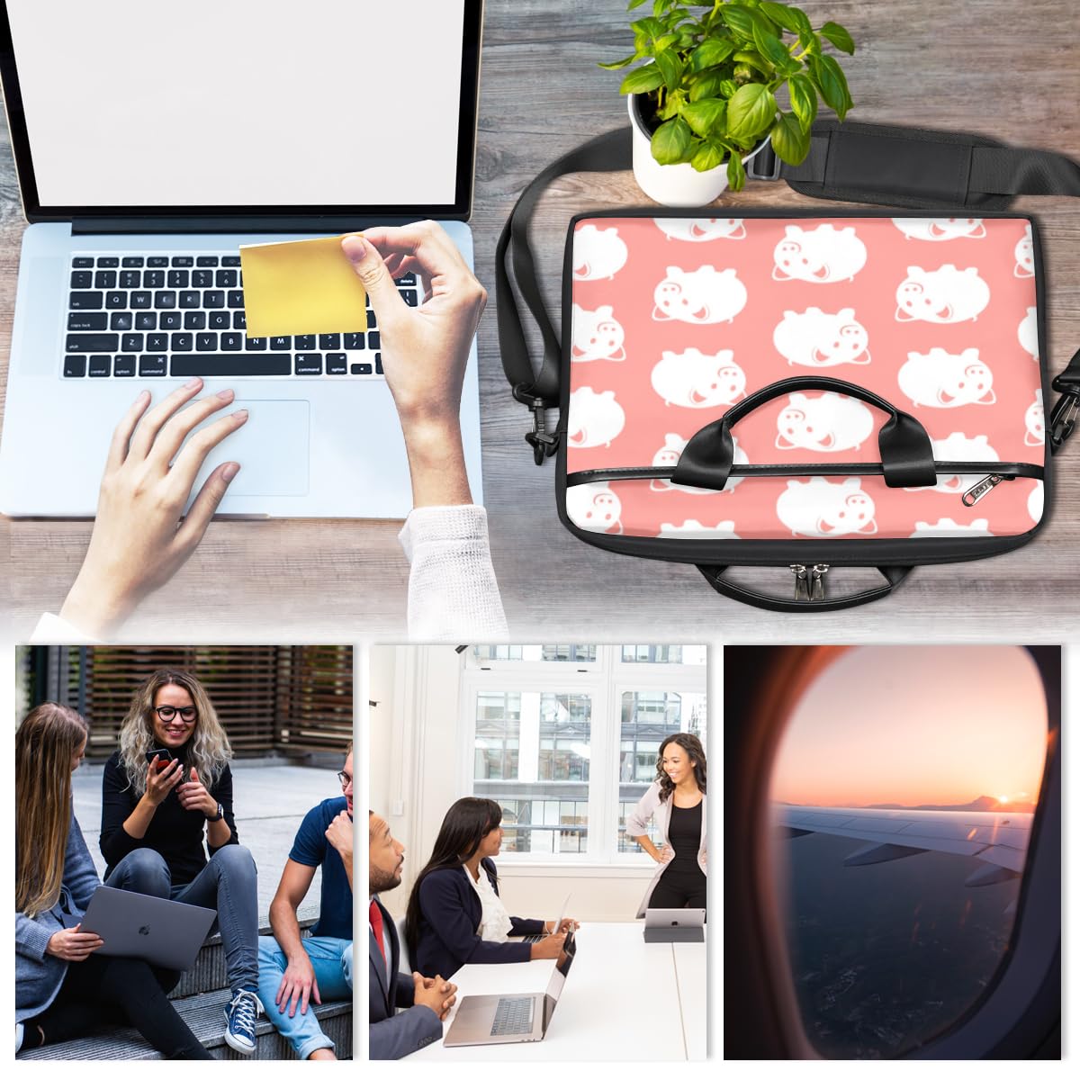Cartoon Pig Laptop Computer Bag Waterproof Shoulder Messenger Bag 13-15 inch Durable Laptop Tote Bag with Shoulder Strap Handle Lightweight Crossbody Briefcase