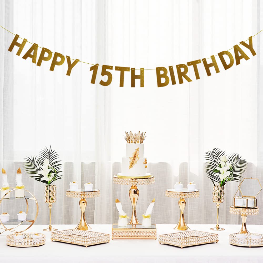 HAPPY 15TH BIRTHDAY Banner,Pre-strung,No Assembly Required,15th Birthday Party Decorations Supplies,Gold Glitter Paper Garlands Backdrops, Letters Gold Betteryanzi