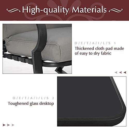 Betterland Outdoor 3-Piece Rocking Chairs Patio Bistro Sets, Glass-Top Coffee Table & Black Metal Patio Furniture with Thickened Cushions (Grey)