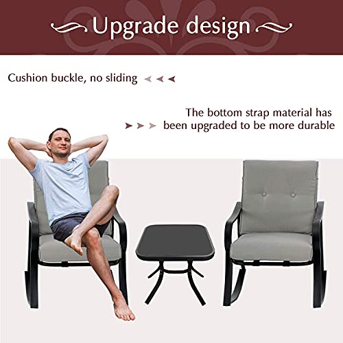 Betterland Outdoor 3-Piece Rocking Chairs Patio Bistro Sets, Glass-Top Coffee Table & Black Metal Patio Furniture with Thickened Cushions (Grey)