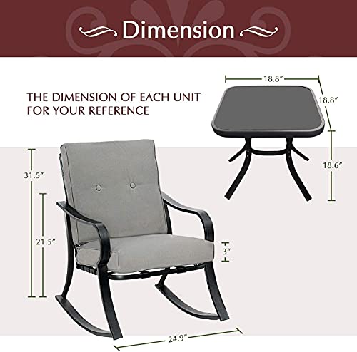 Betterland Outdoor 3-Piece Rocking Chairs Patio Bistro Sets, Glass-Top Coffee Table & Black Metal Patio Furniture with Thickened Cushions (Grey)