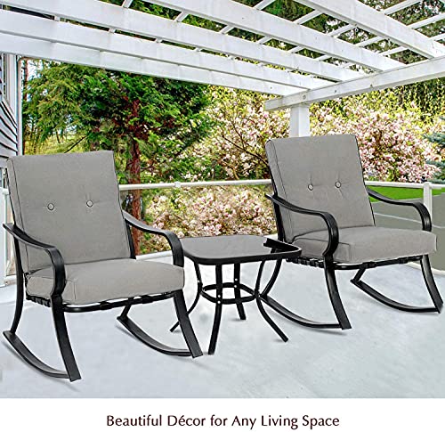 Betterland Outdoor 3-Piece Rocking Chairs Patio Bistro Sets, Glass-Top Coffee Table & Black Metal Patio Furniture with Thickened Cushions (Grey)