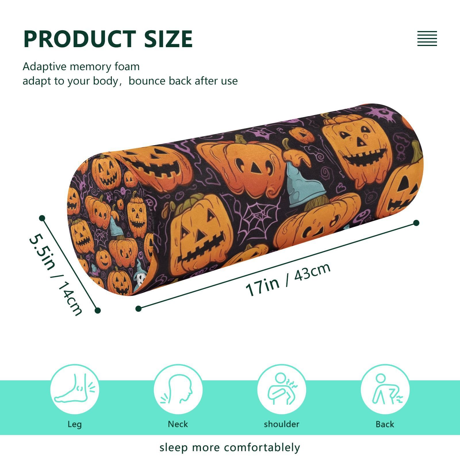 xigua Halloween Pumpkins Neck Roll Pillow for Neck Relief with Removable Washable Cover - Memory Foam Round Cylinder Bolster, Ergonomically Designed for Head, Neck, Back, and Legs