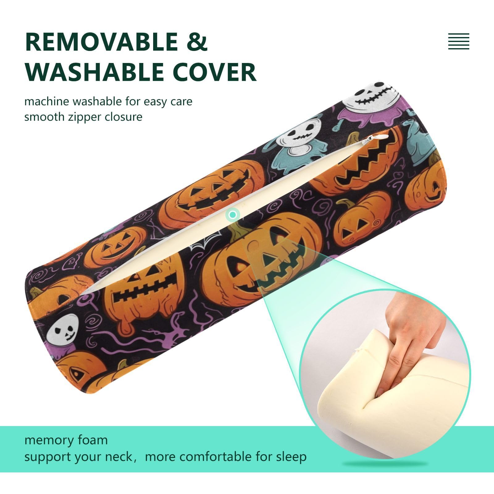 xigua Halloween Pumpkins Neck Roll Pillow for Neck Relief with Removable Washable Cover - Memory Foam Round Cylinder Bolster, Ergonomically Designed for Head, Neck, Back, and Legs