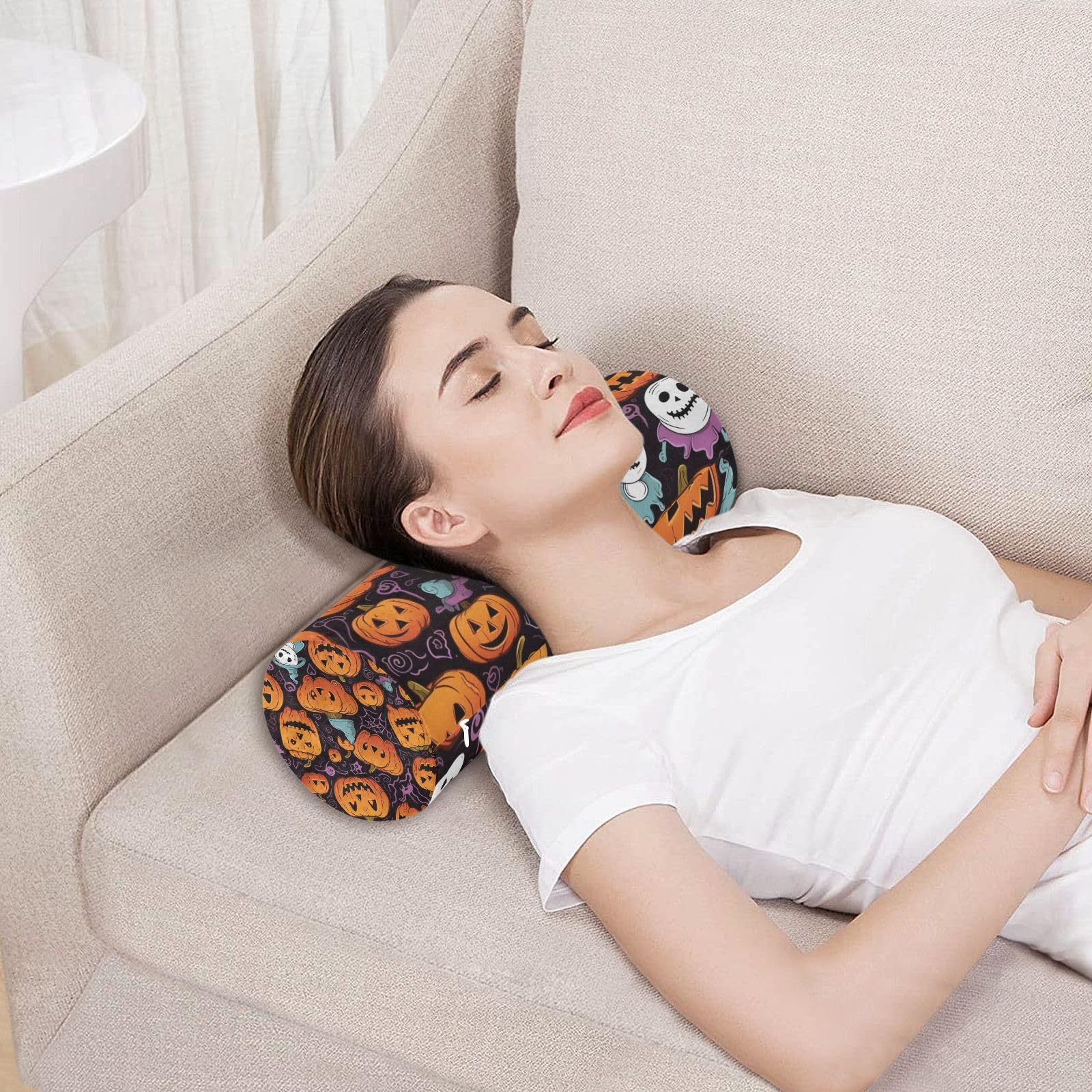 xigua Halloween Pumpkins Neck Roll Pillow for Neck Relief with Removable Washable Cover - Memory Foam Round Cylinder Bolster, Ergonomically Designed for Head, Neck, Back, and Legs