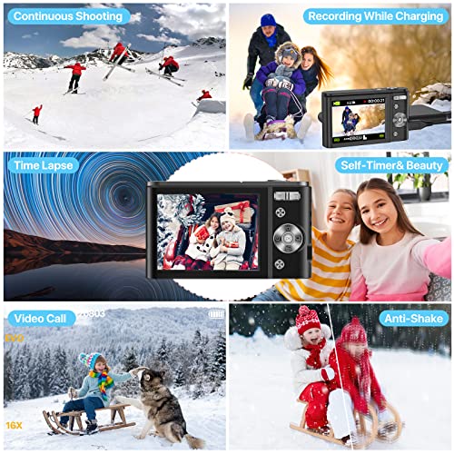 Digital Camera, 4K 48MP Vlogging Camera Compact Pocket Camera with 16X Zoom 32GB SD Card, Point and Shoot Camera for Adult Seniors Students Kids Beginner(Black)